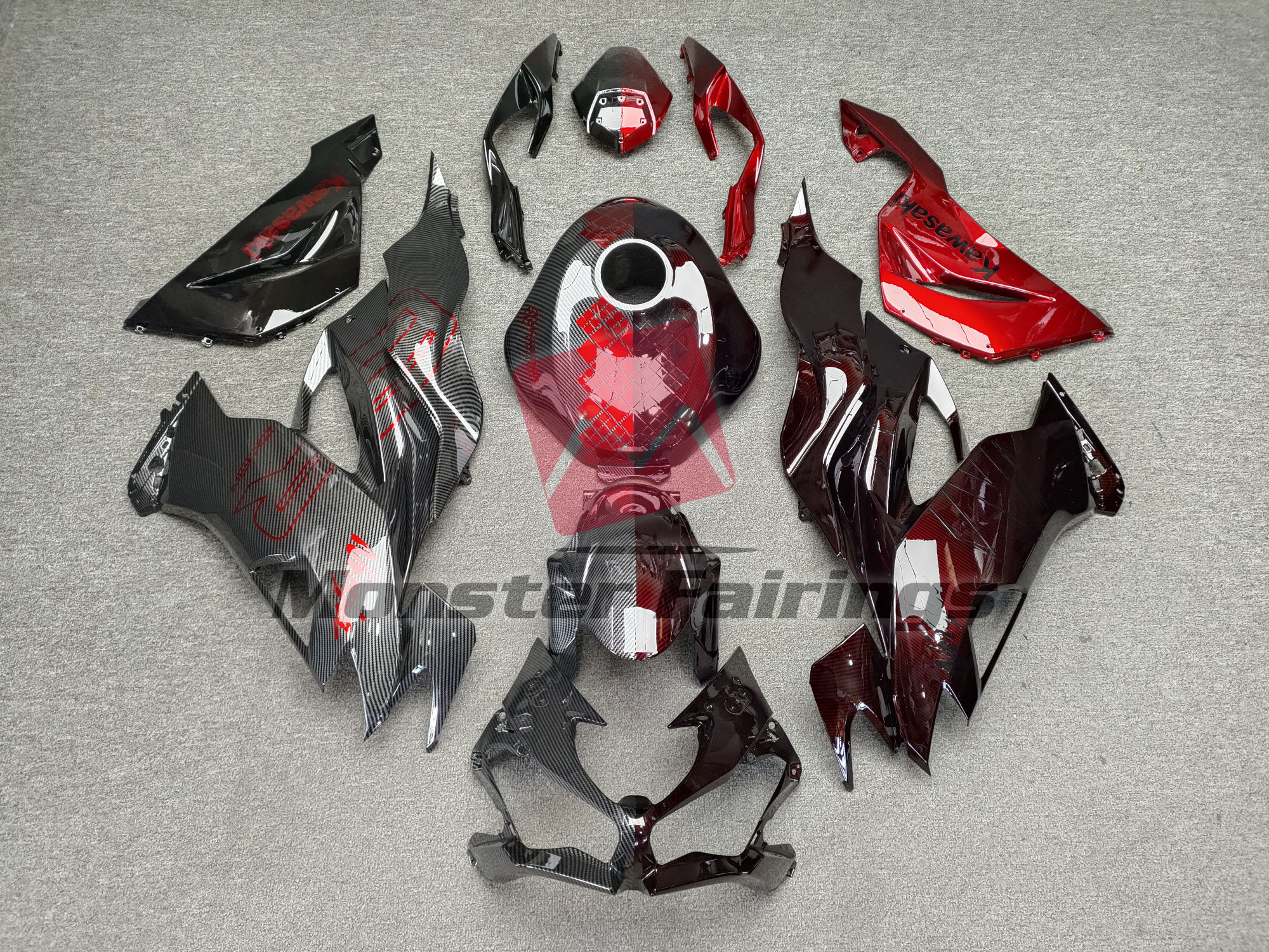 Kawasaki ZX6R 2019-2023 Gloss Custom Black & Red Carbon Fiber ABS ...